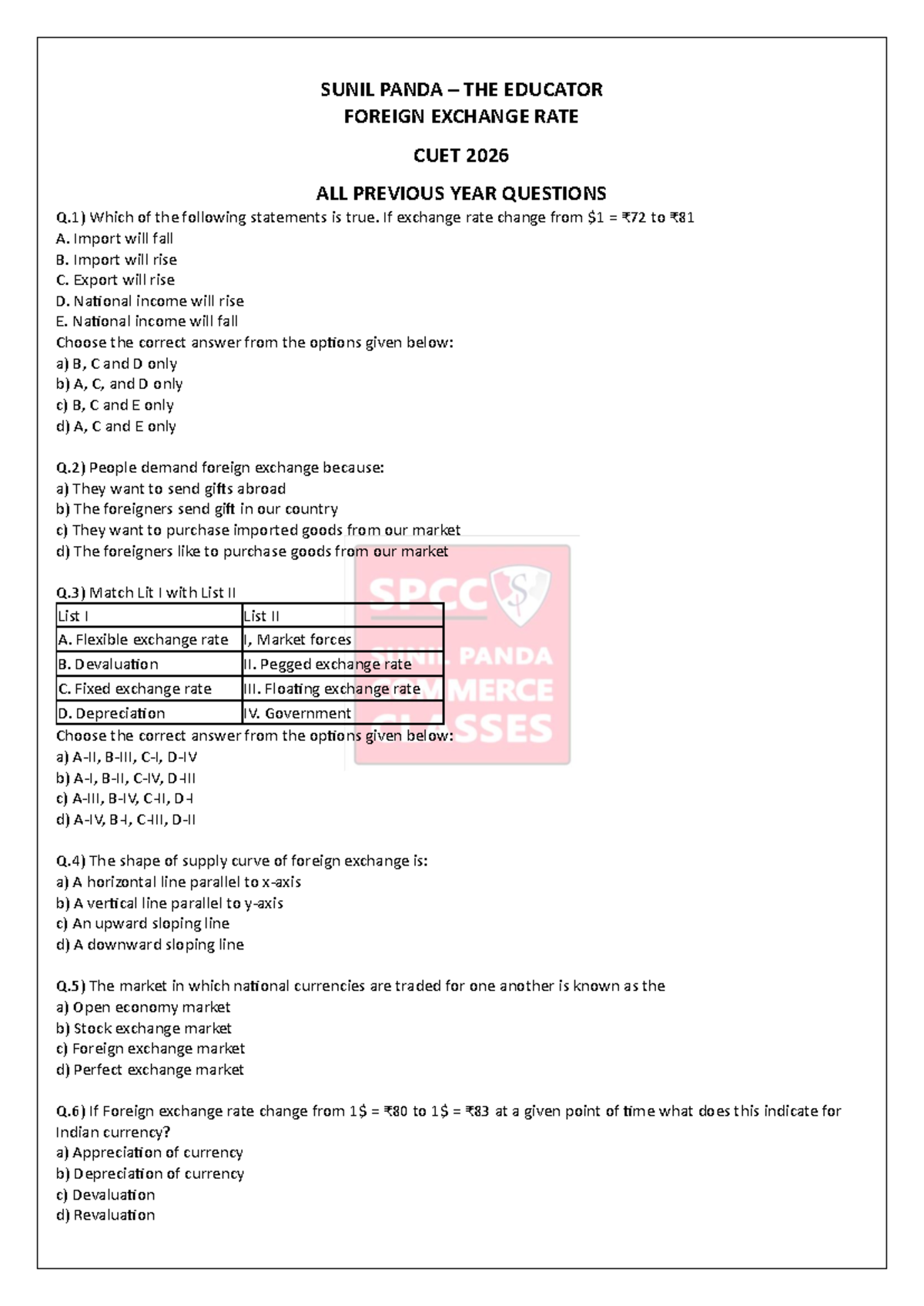 Foreign Exchange Rate MCQ CUET 2026: Previous Year Questions - Studocu