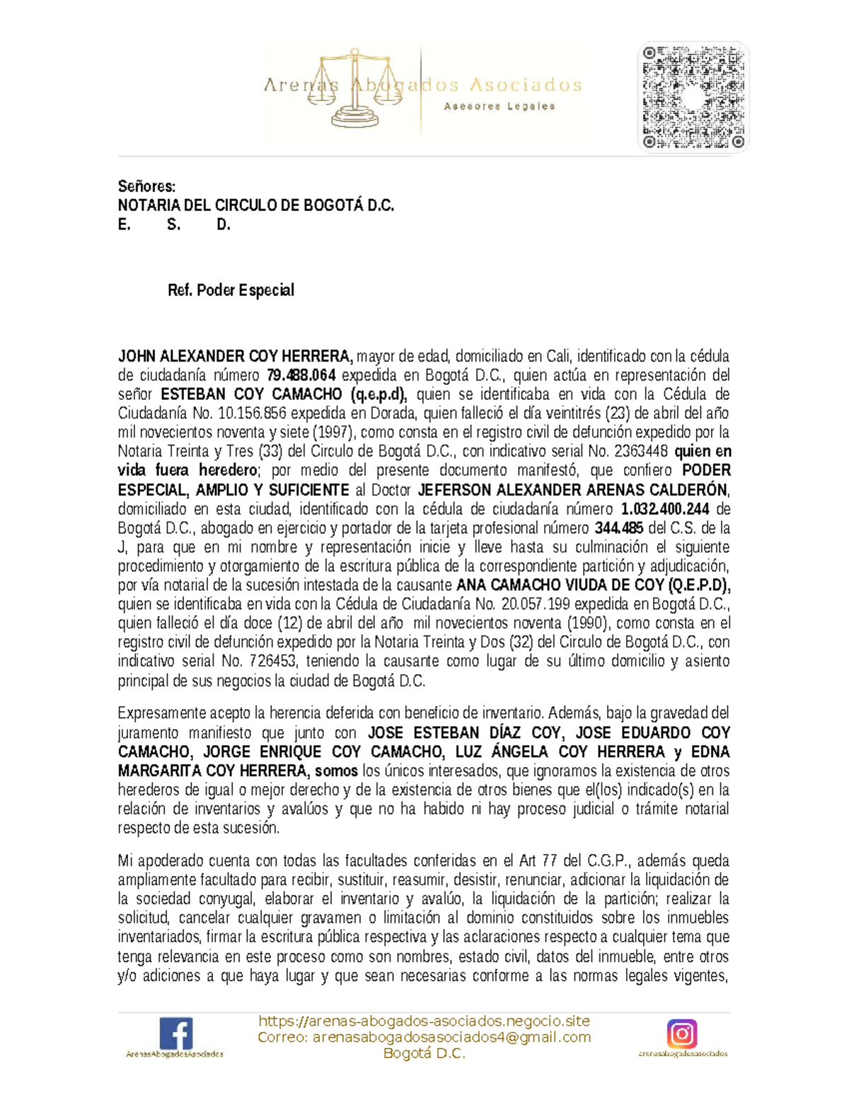 Modelo de Poder Especial para Sucesión en Bogotá D.C. - Studocu