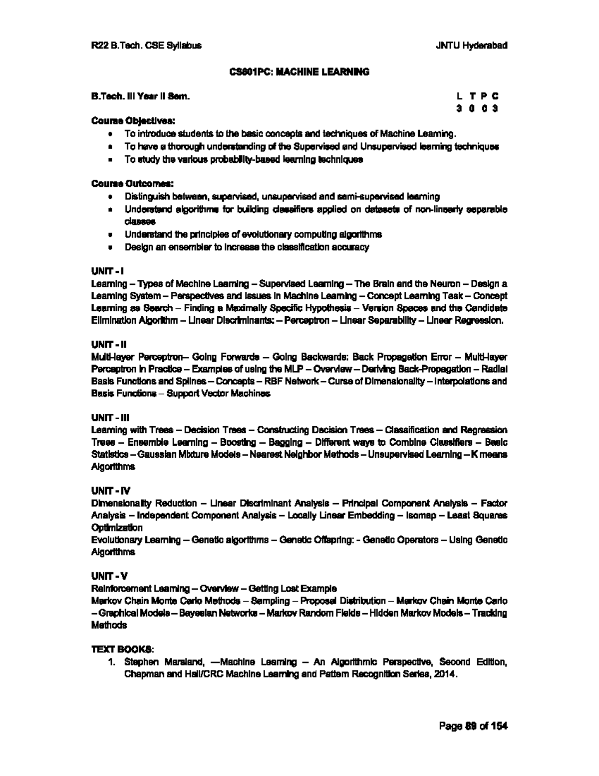 R22 B.Tech. CSE CS601PC: Machine Learning Syllabus Overview - Studocu