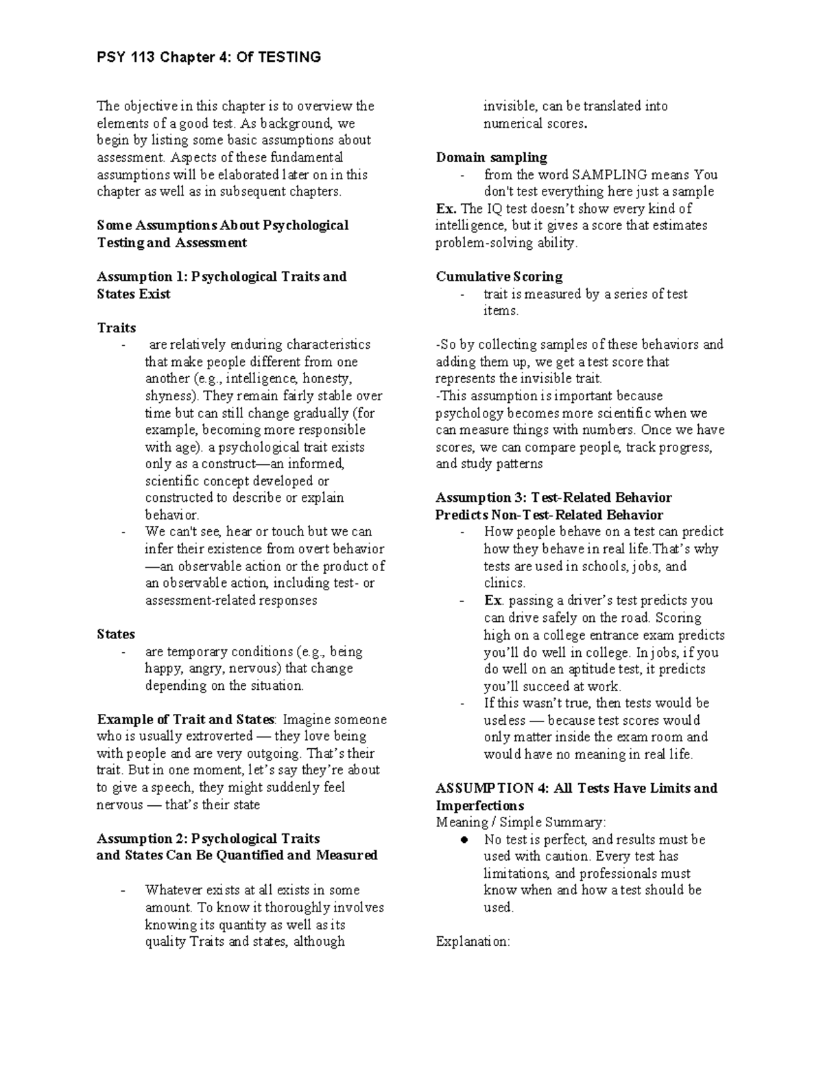 PSY 113 Chapter 4: Key Assumptions in Psychological Testing - Studocu