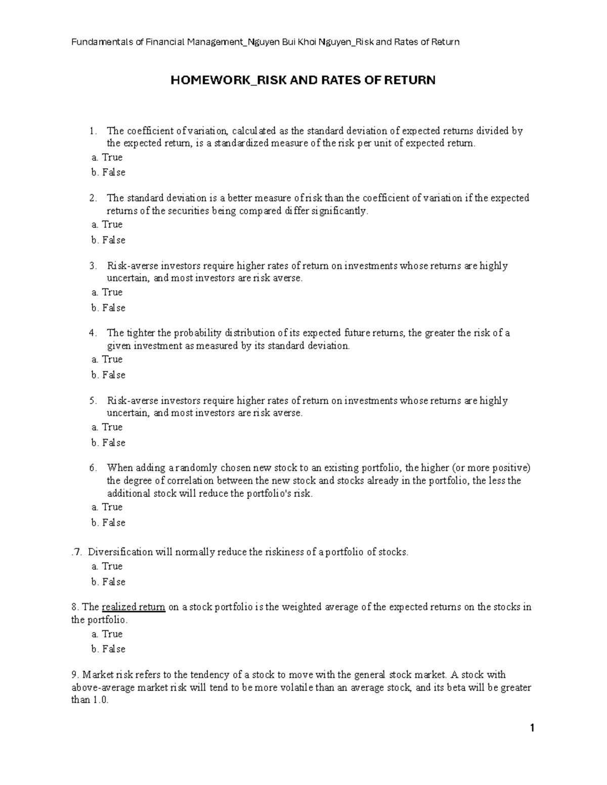 Fundamentals of Financial Management (FIN 301) - Homework on Risk ...