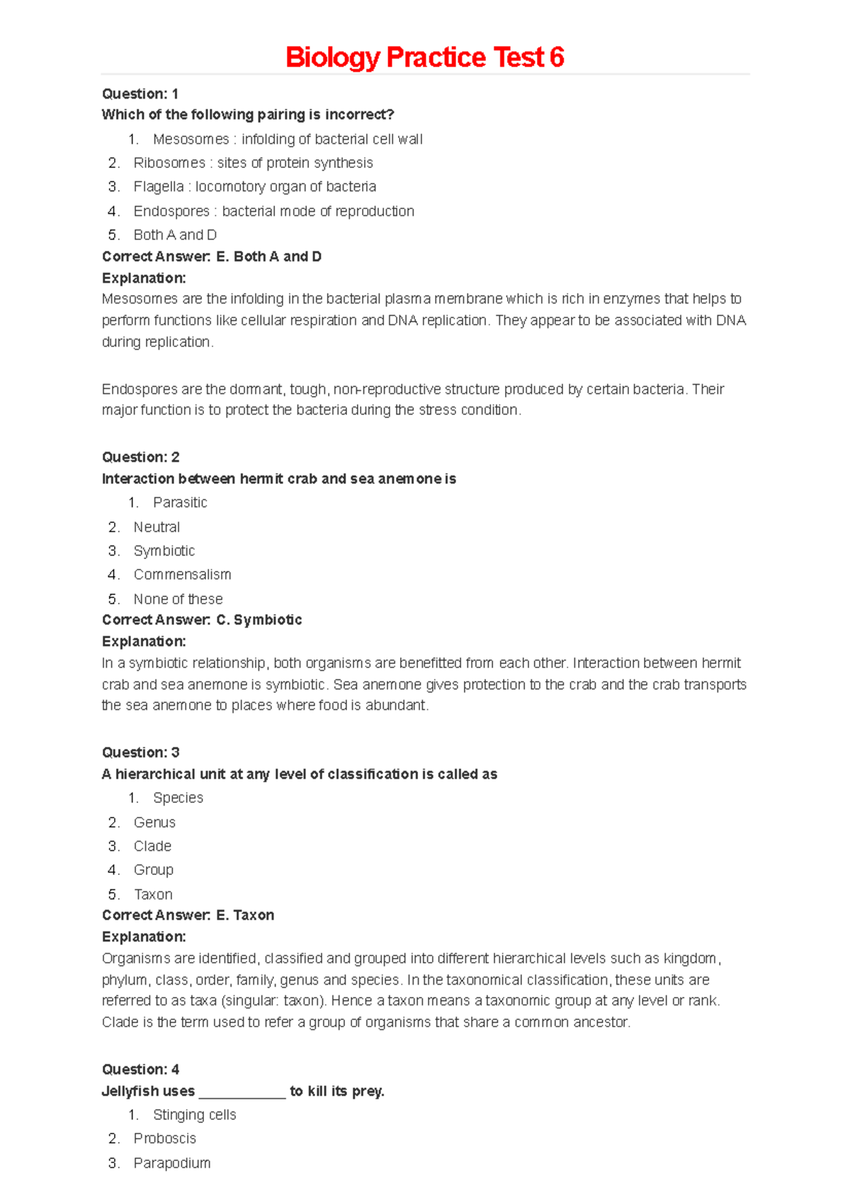 Biology Practice Test 06: Key Concepts & Answers Explained - Studocu