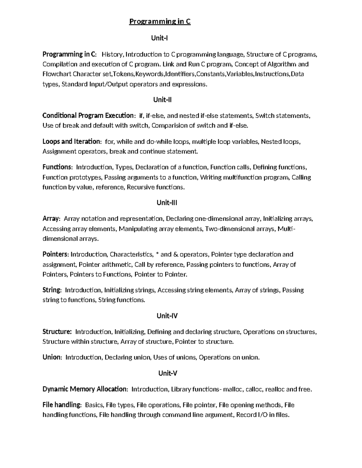 C Programming Syllabus: Core Concepts & Structure Overview - Studocu