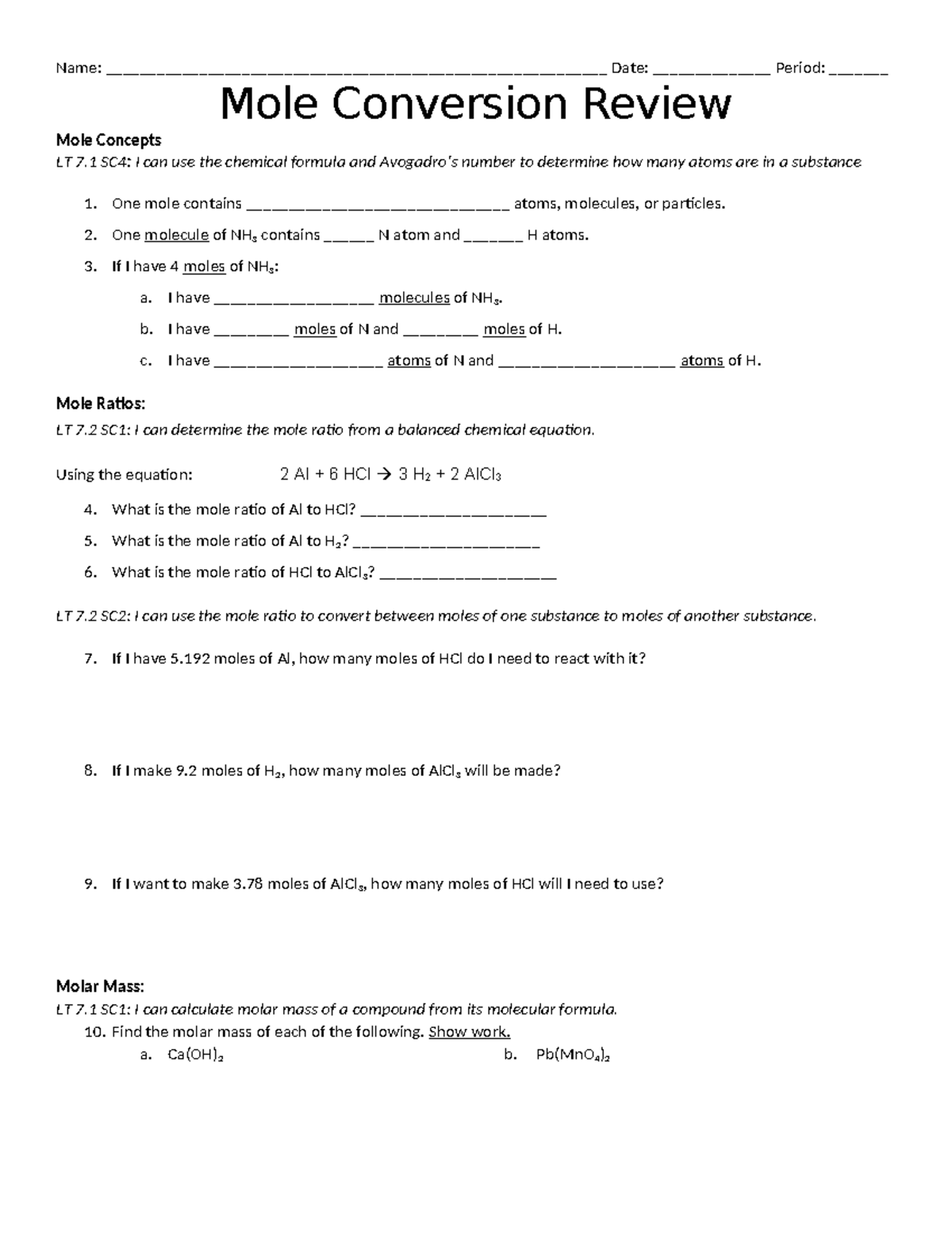 Chemistry Assignment: Mole Conversion Review & Concepts LT 7.1/7.2 ...