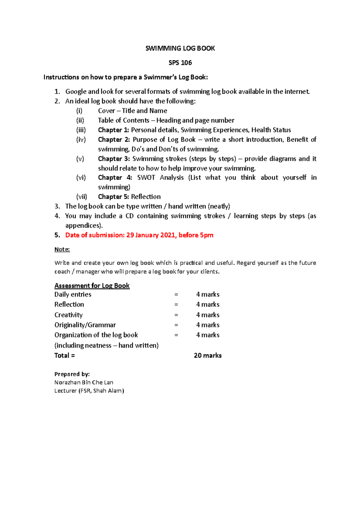 Individual Log Book (20%) - ODL - SWIMMING LOG BOOK SPS 106 ...