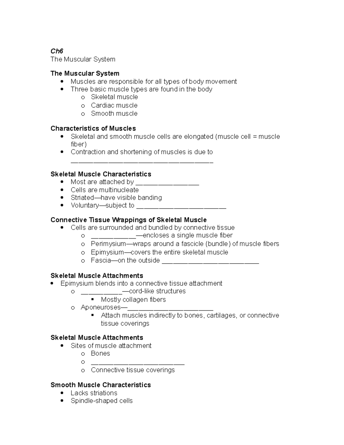 Bio106 Basic A&P Ch. 6 Outline, The Muscular System - Ch The Muscular ...
