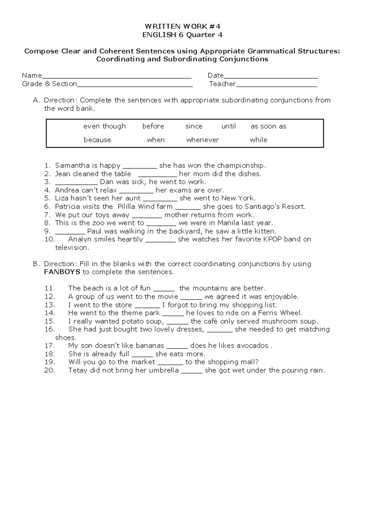 Q4 - English 6 Written Work: Conjunctions Practice & Exercises - Studocu