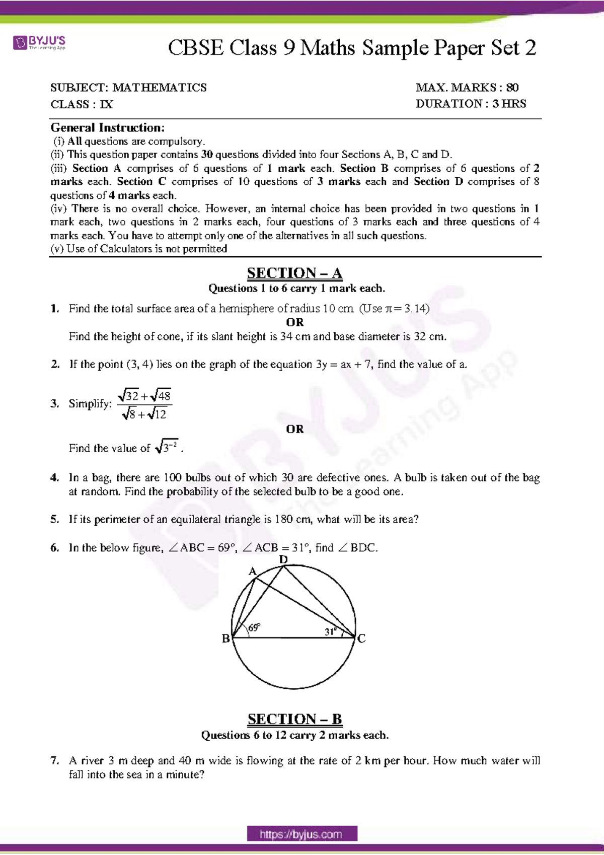 CBSE Sample Paper Class 9 Maths Set 2 - ####### SUBJECT: MATHEMATICS ...
