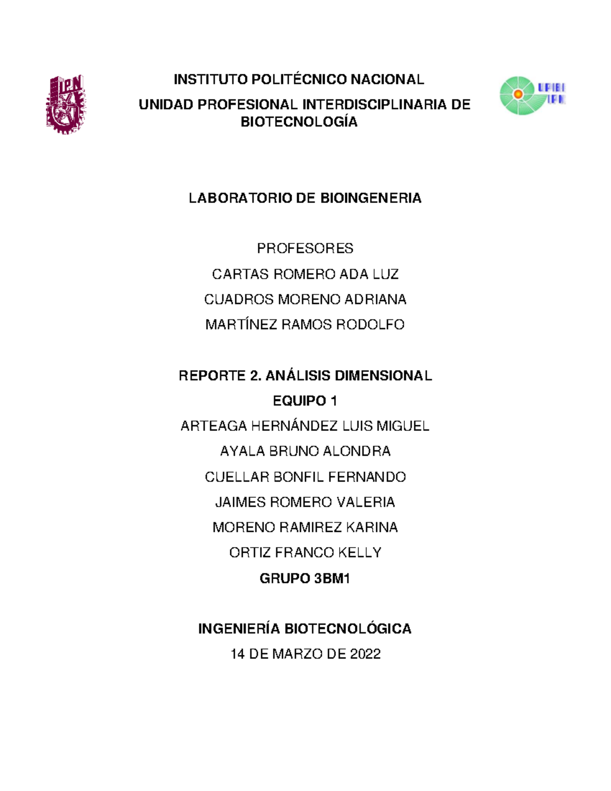 Reporte 2 Análisis Dimensional Equipo 1 3BM1 - INSTITUTO POLITÉCNICO ...
