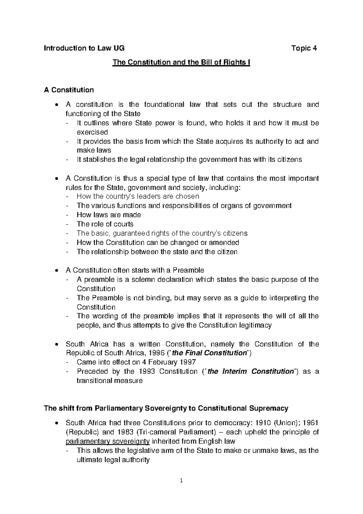 Lecture Notes UG Topic 4 - The Constitution and Bill of Rights - Studocu