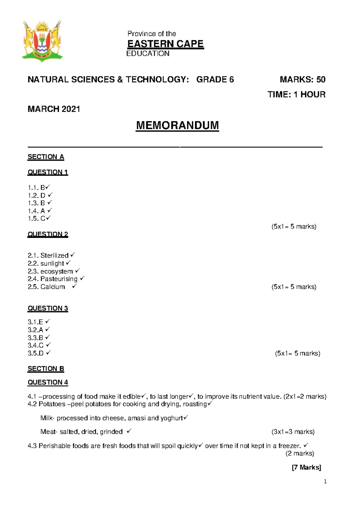 2021 March NS-TECH Grade 6 Memorandum: Natural Sciences Exam - Studocu