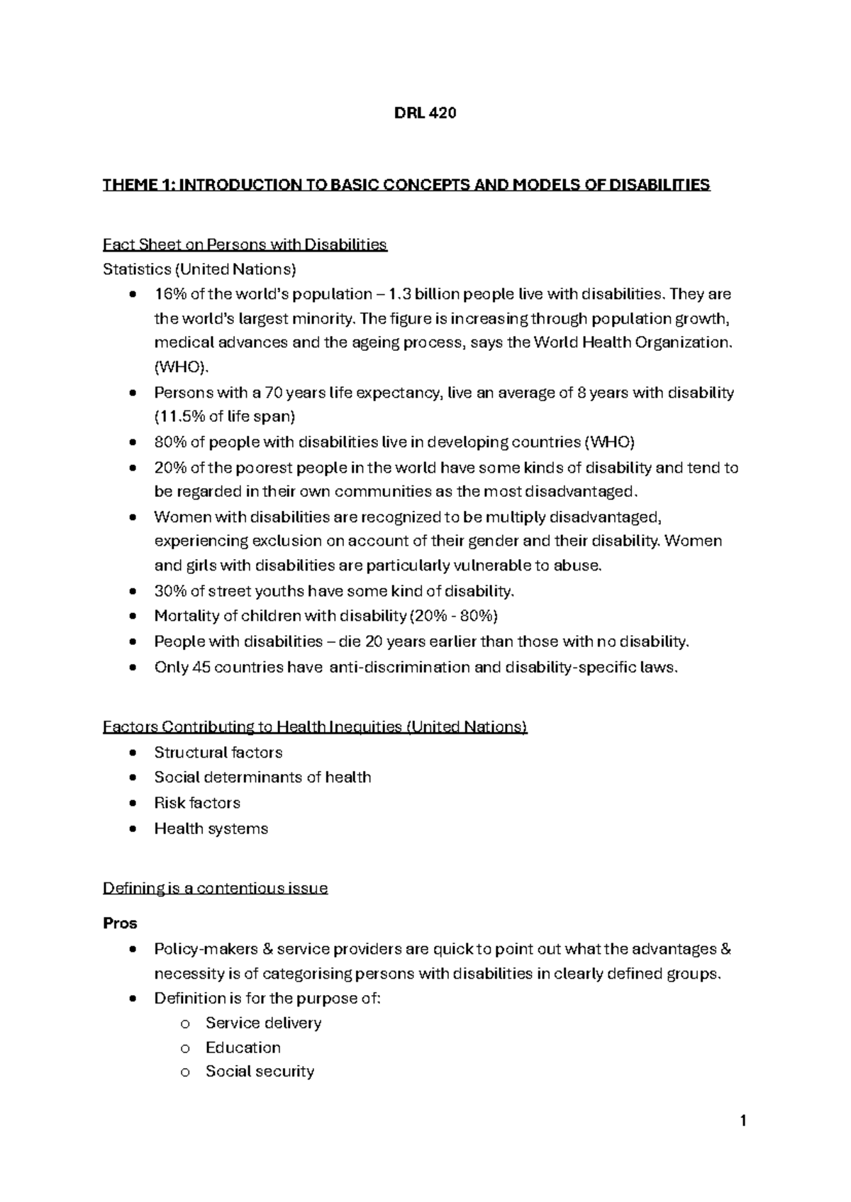 DRL 420 - Fact Sheet on Disability Models and Statistics - Studocu