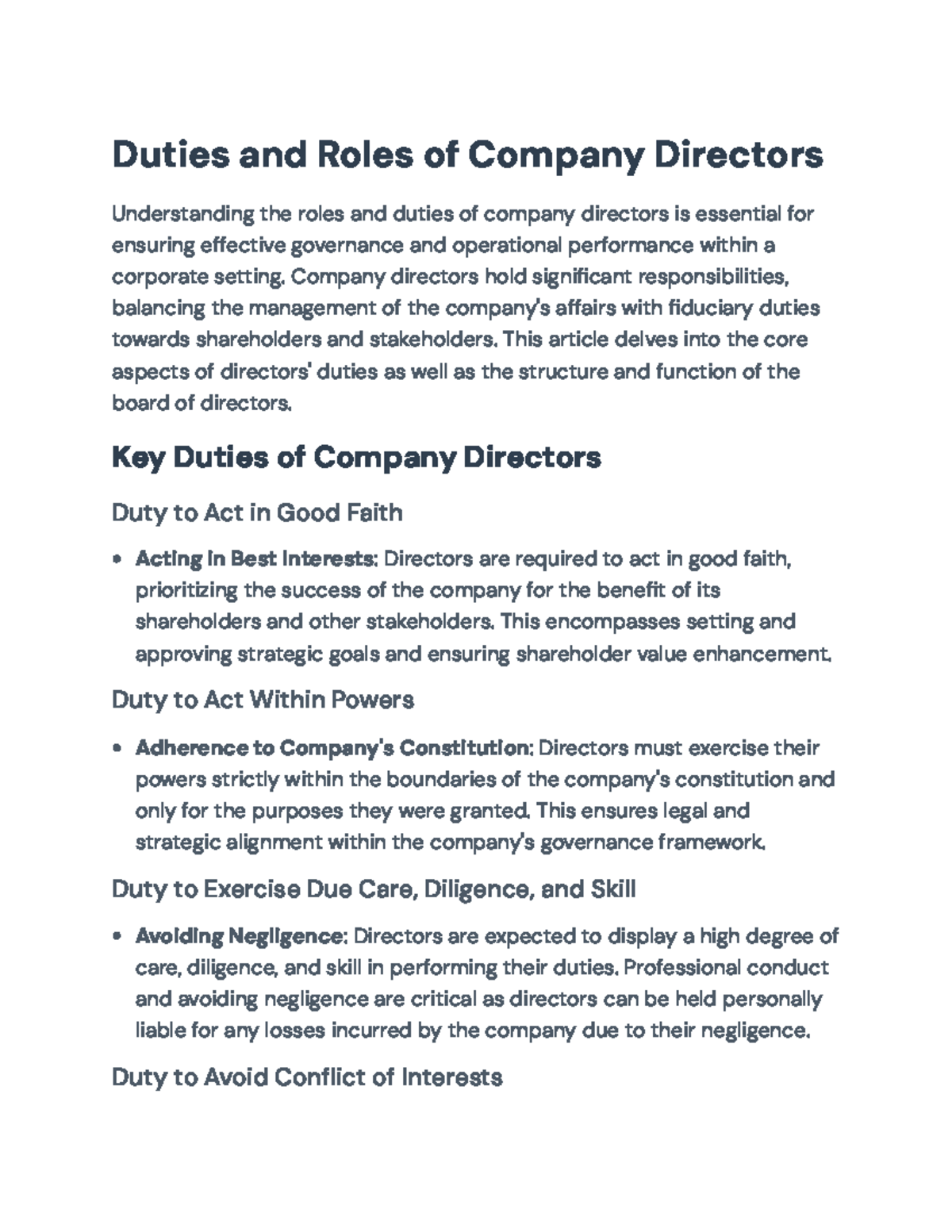 Duties and Roles of Company Directors: Governance and Responsibilities ...