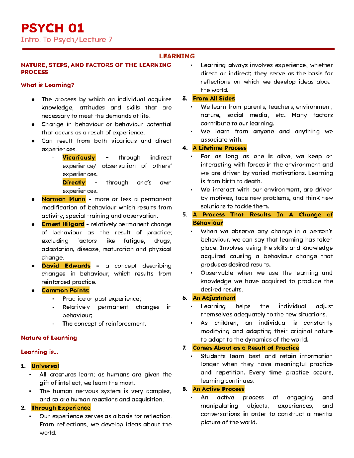 Psych 201 L9 Learning - Notes - Intro. To Psych/Lecture 7 LEARNING ...