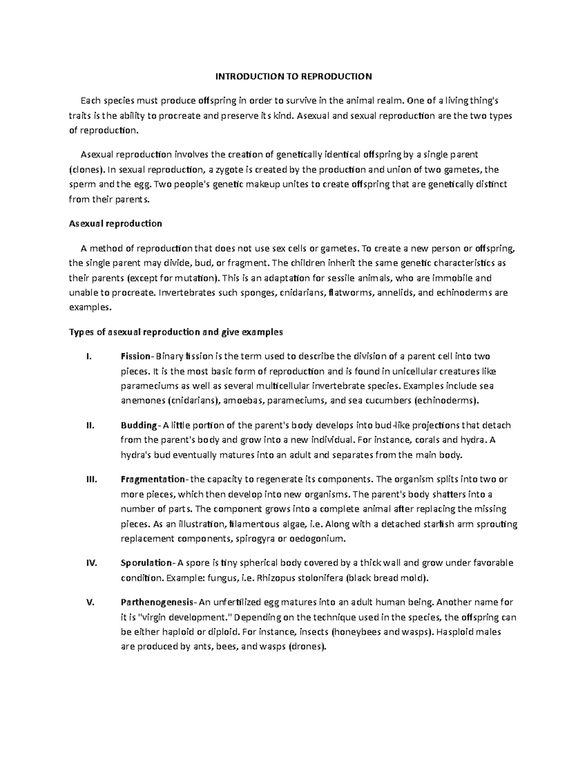 The Introduction to Reproduction - INTRODUCTION TO REPRODUCTION Each ...