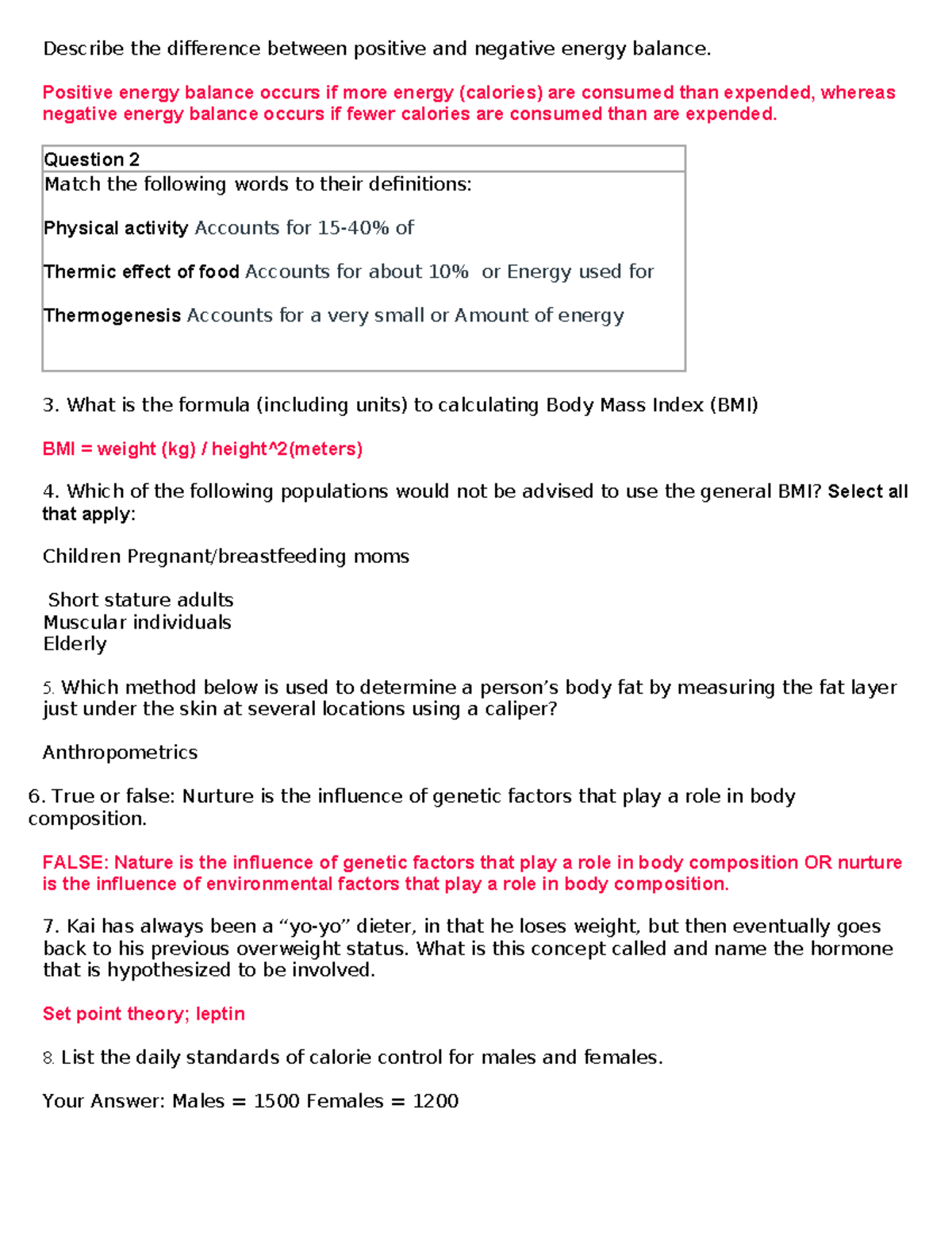 Nutrition Test 3: Understanding Energy Balance and Body Composition ...