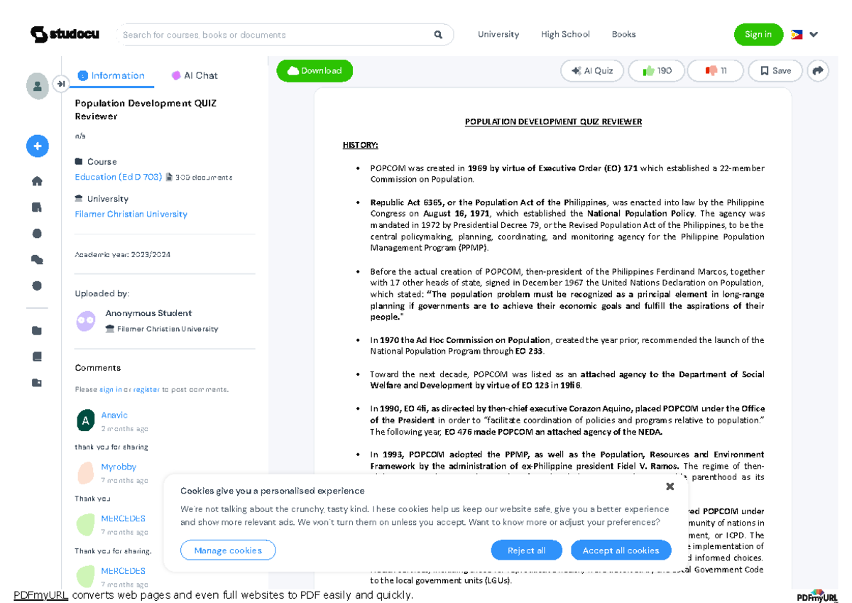 Population Development Quiz Reviewer (POPDEV 101) - Studocu