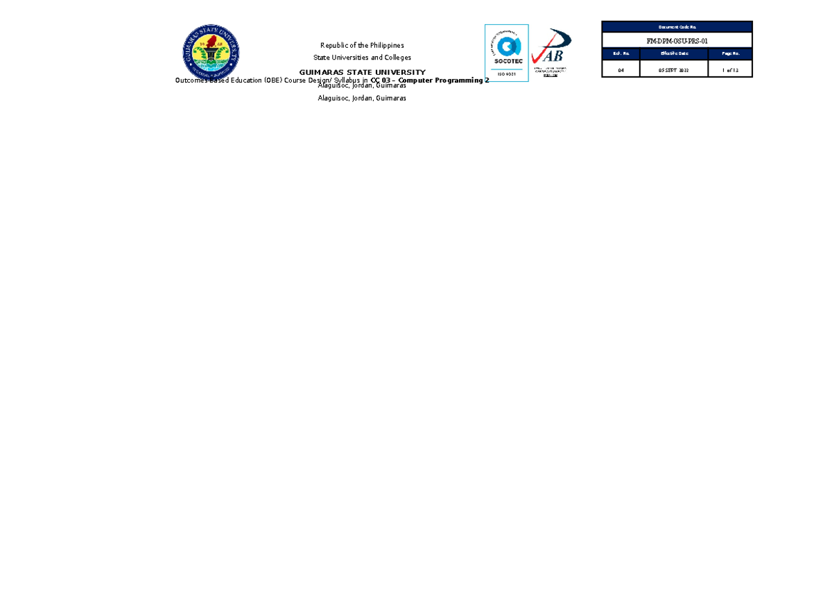 Syllabus CC 03: Comp Programming 2 - Overview of Programming ...