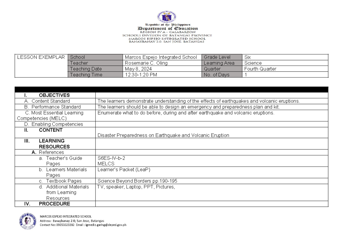 Science 6- Disaster Preparedness ON Earthquake AND Volcanic Eruption ...