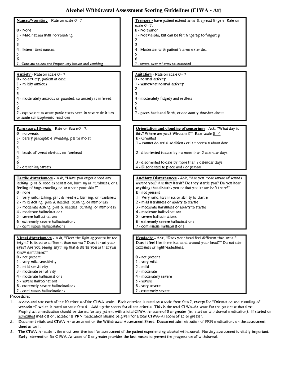CIWA-Ar Scale Guidelines for Alcohol Withdrawal Assessment - Studocu