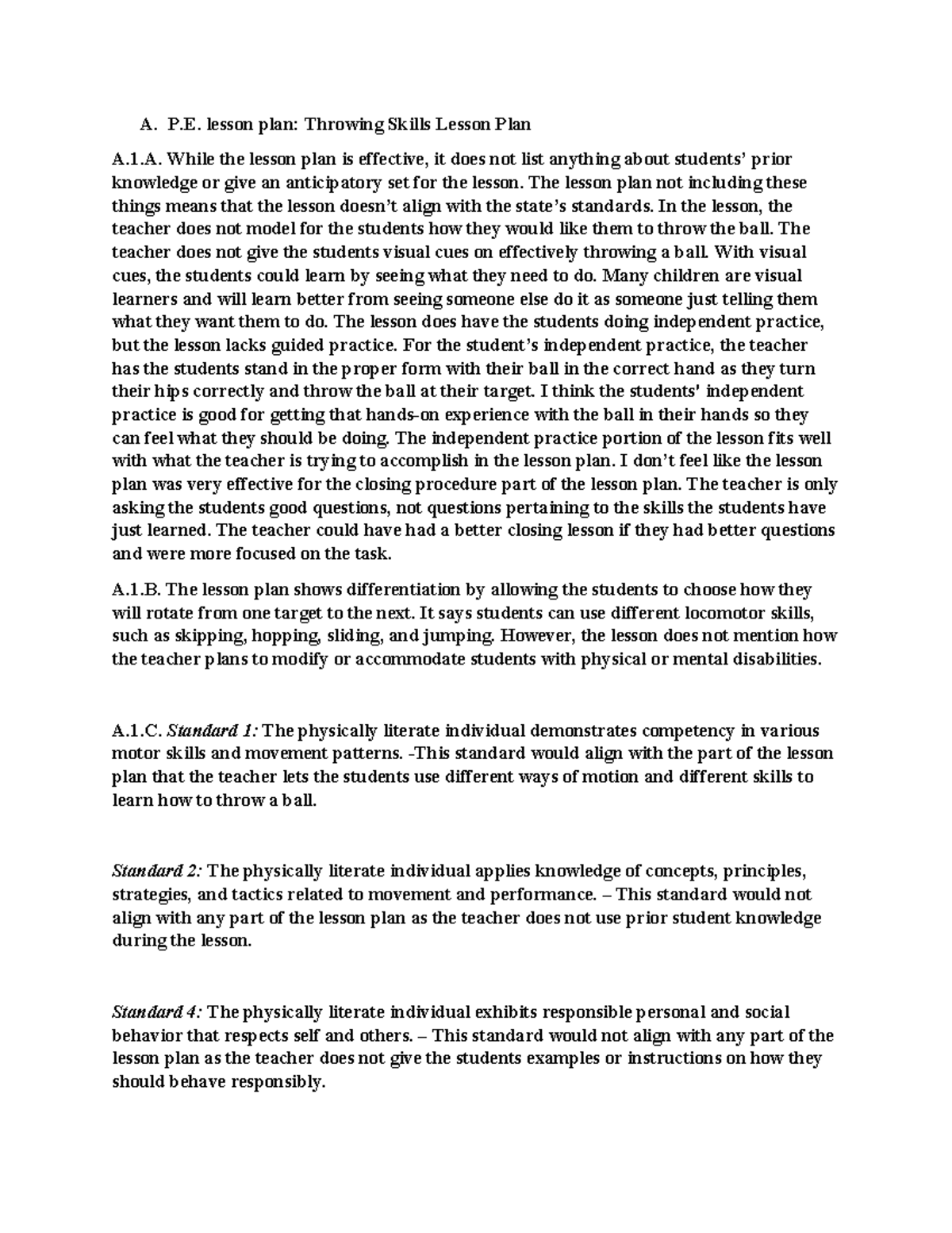 C367 P.E. Lesson Plan Review: Enhancing Throwing Skills - Studocu