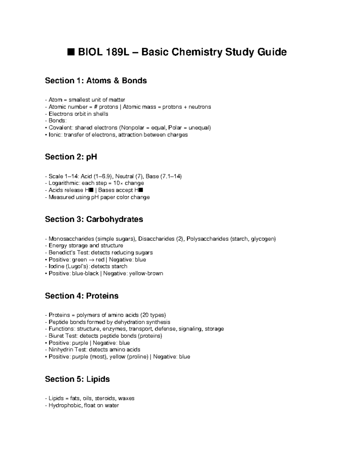 BIOL 189L Basic Chemistry Study Guide & Practice Questions - Studocu