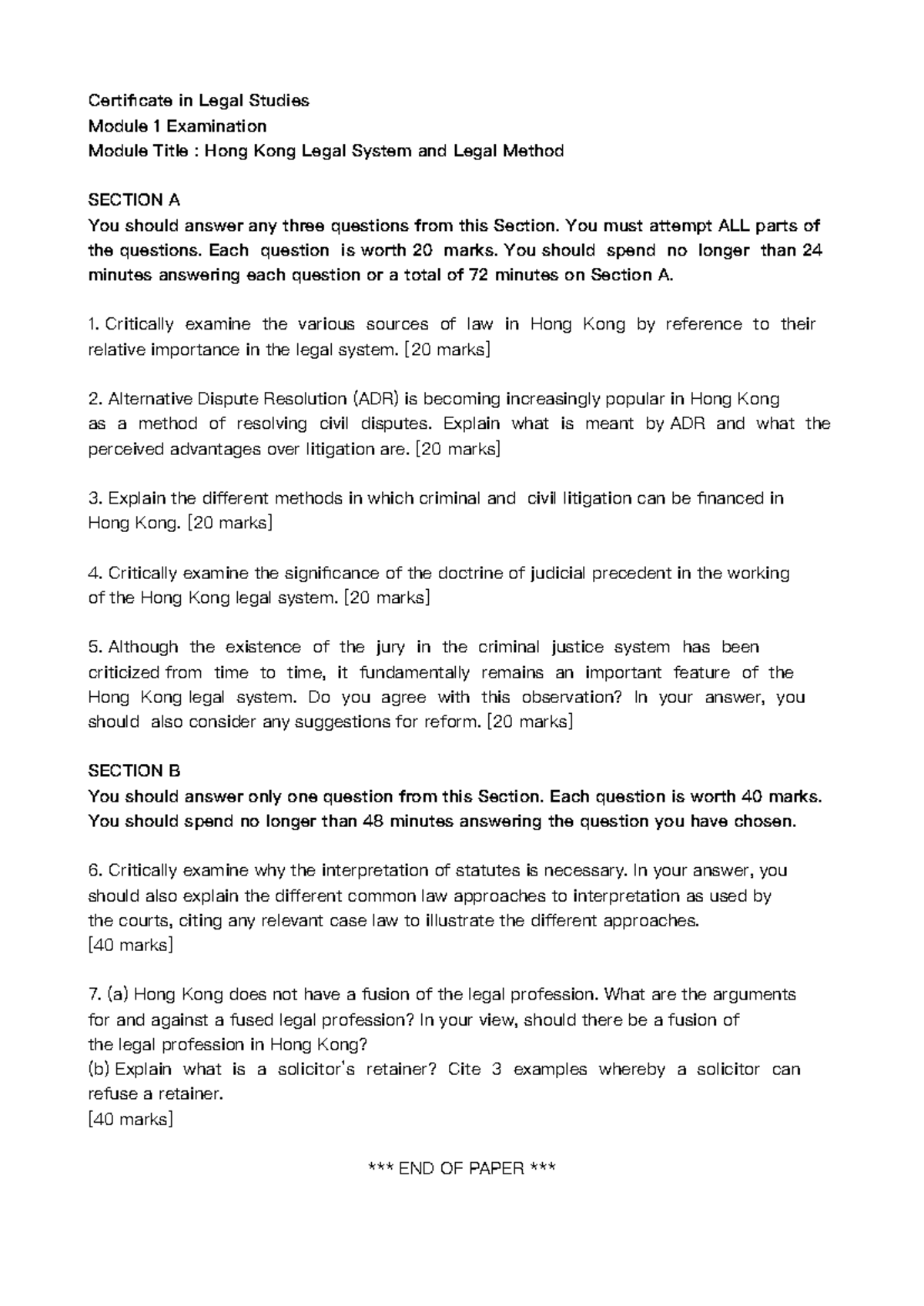 CLS Certificate in Legal Studies Past Exam Paper 2018 - Studocu