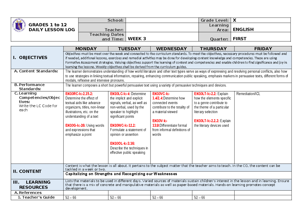 462080161 English 10 First Quarter WEEK 3 - GRADES 1 to 12 DAILY LESSON ...