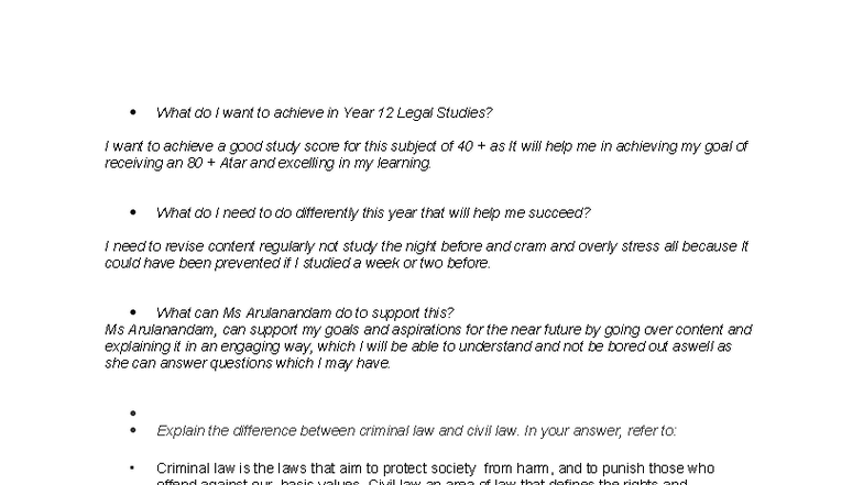 Year 12 Legal Studies: Goals for Success and Law Overview - Studocu