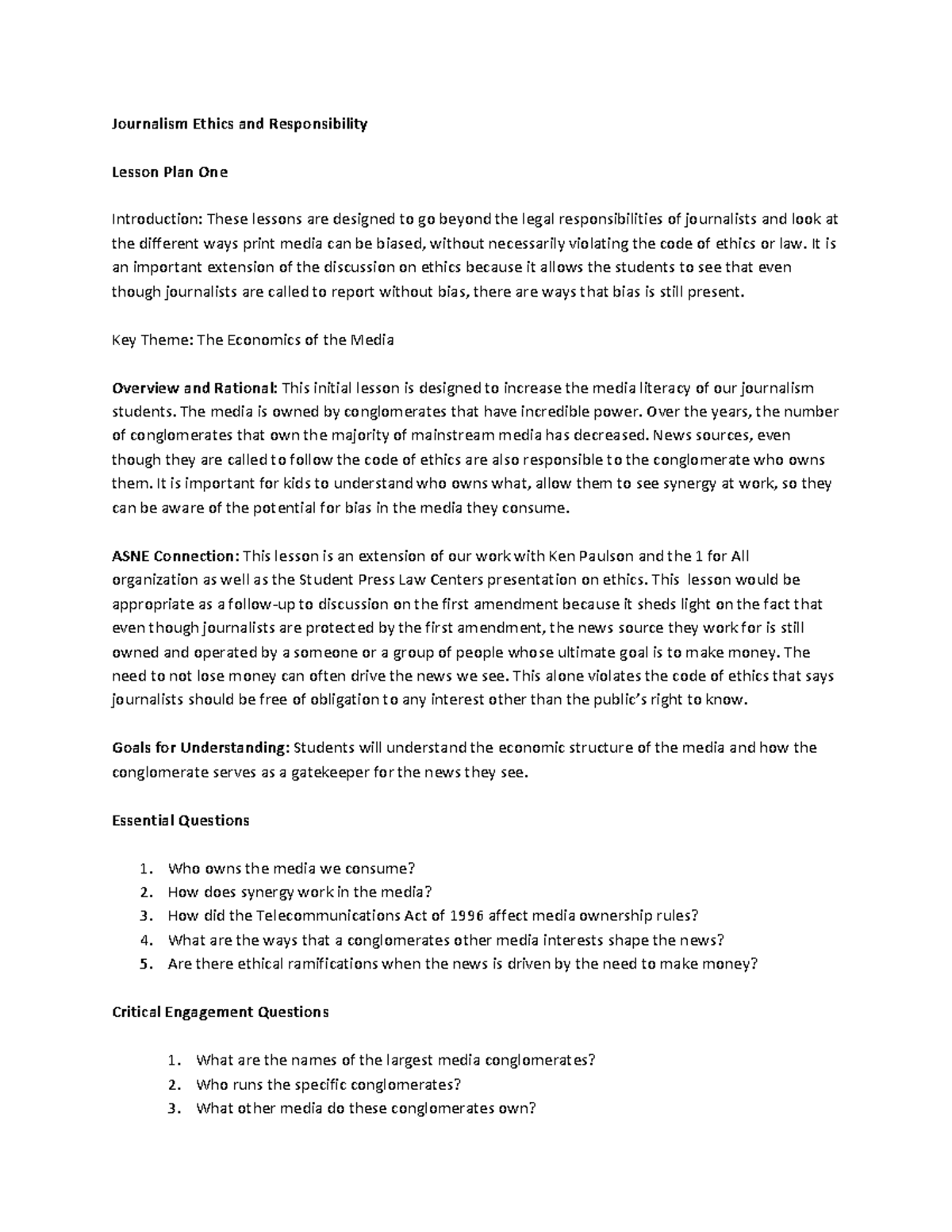 JRN 101: Engaging Lesson Plans on Media Ethics & Bias Analysis - Studocu