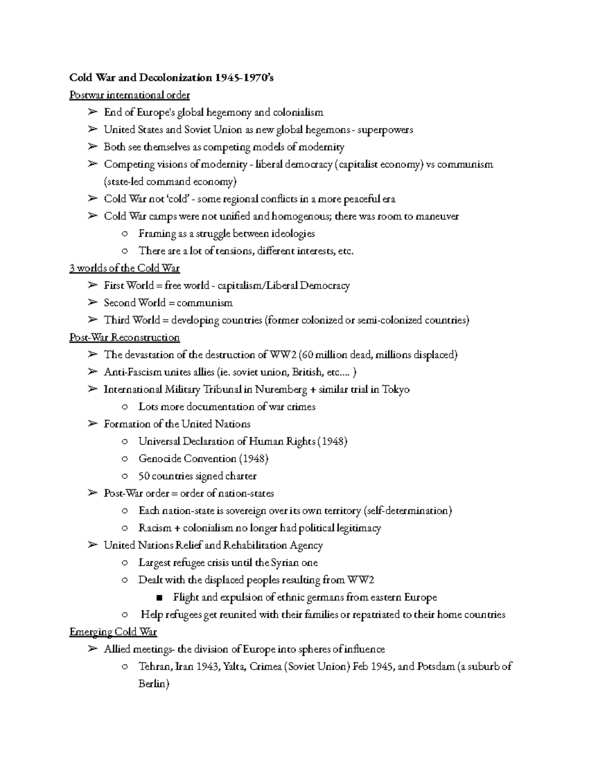 Week 11 Global History Notes - Cold War and Decolonization 1945-1970’s ...