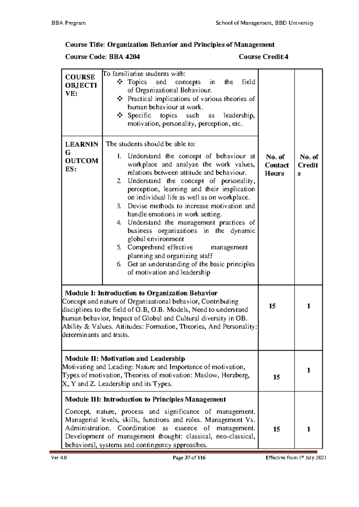 BBA 4204: Syllabus for Org Behavior & Principles of Management - Studocu