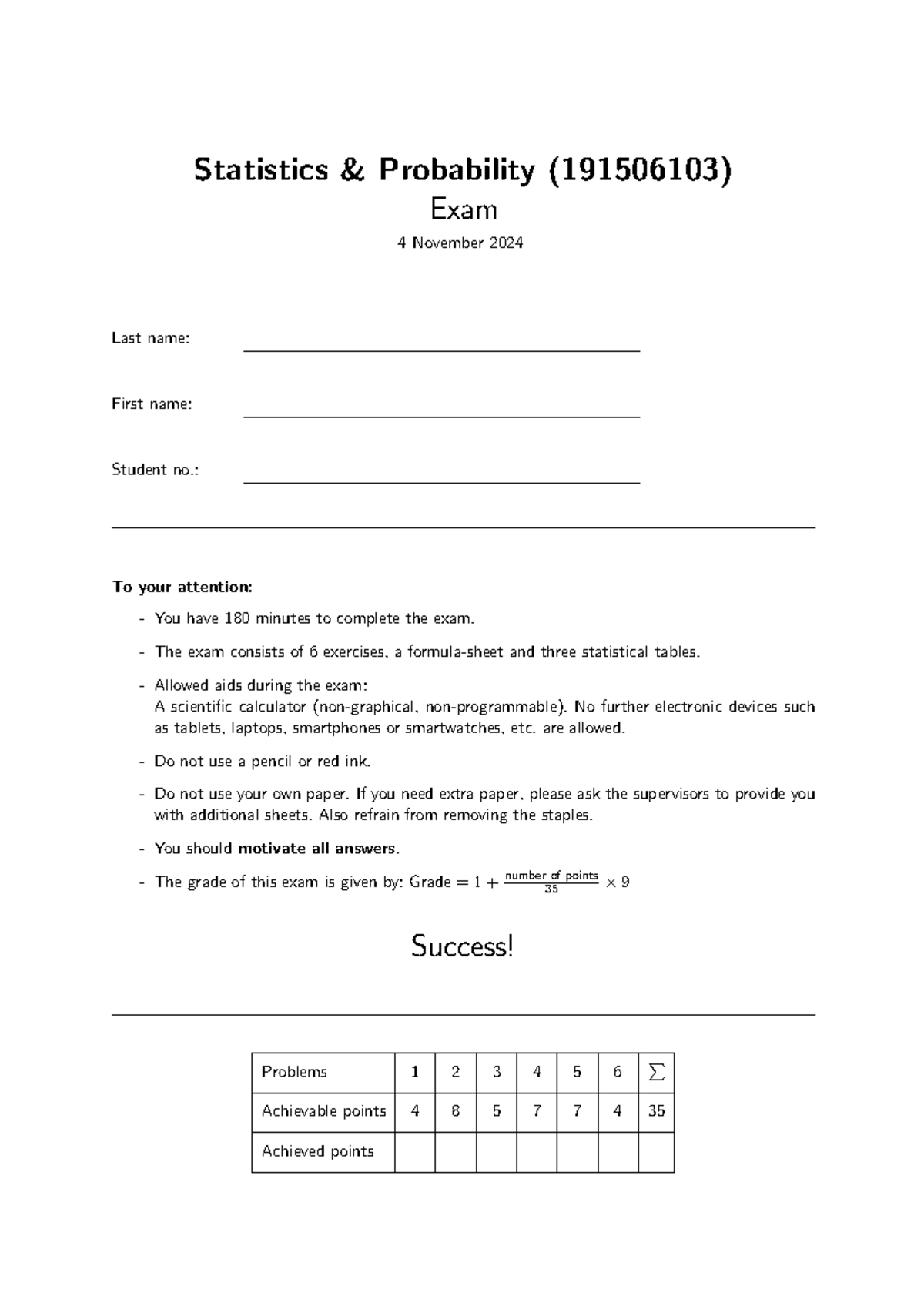 Statistics Probability (191506103) Sample Exam - Exam 4 November 2024 ...