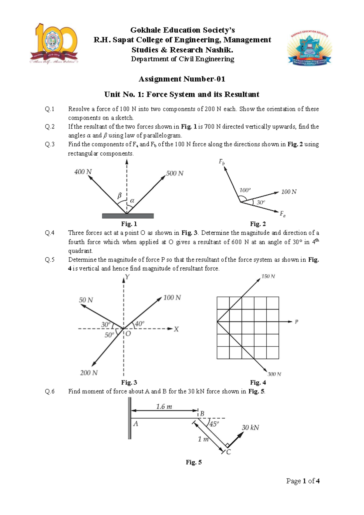 Assignment Unit 1: Force Systems & Resultants - CE 101 - Studocu