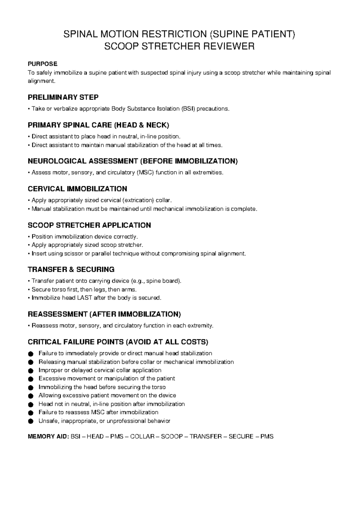 SPINAL MOTION RESTRICTION (SUPINE) SCOOP STRETCHER REVIEWER - Studocu
