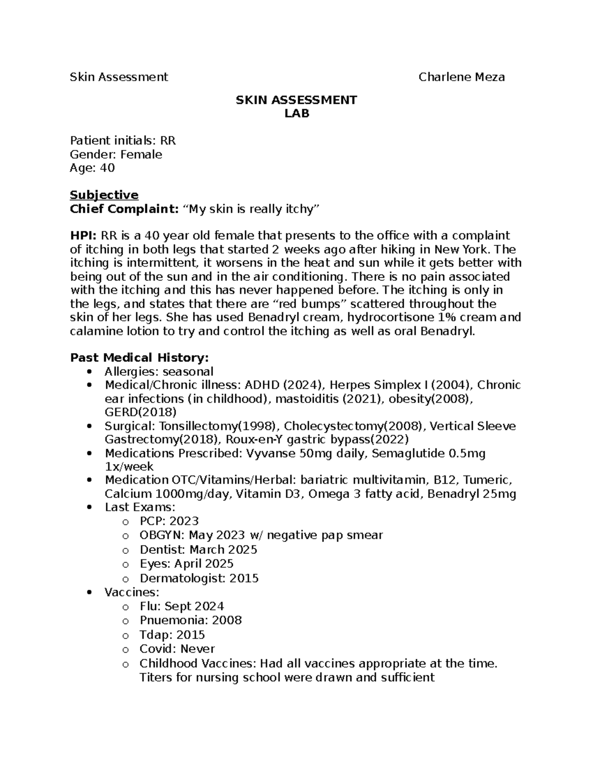 SKIN ASSESSMENT LAB: Patient RR - Itching & Medical History - Studocu