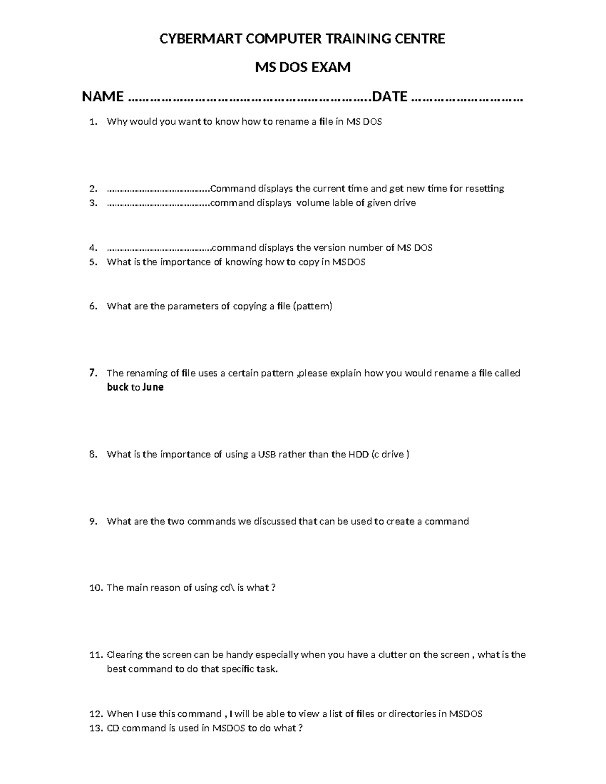MS DOS Exam Questions and Practical Exercises - CYBERMART COMPUTER ...