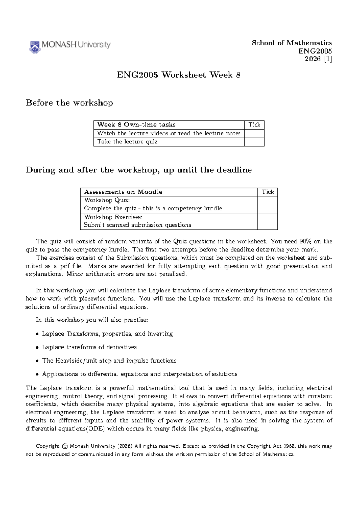 ENG2005 Worksheet Week 8: Laplace Transforms & ODEs - Studocu
