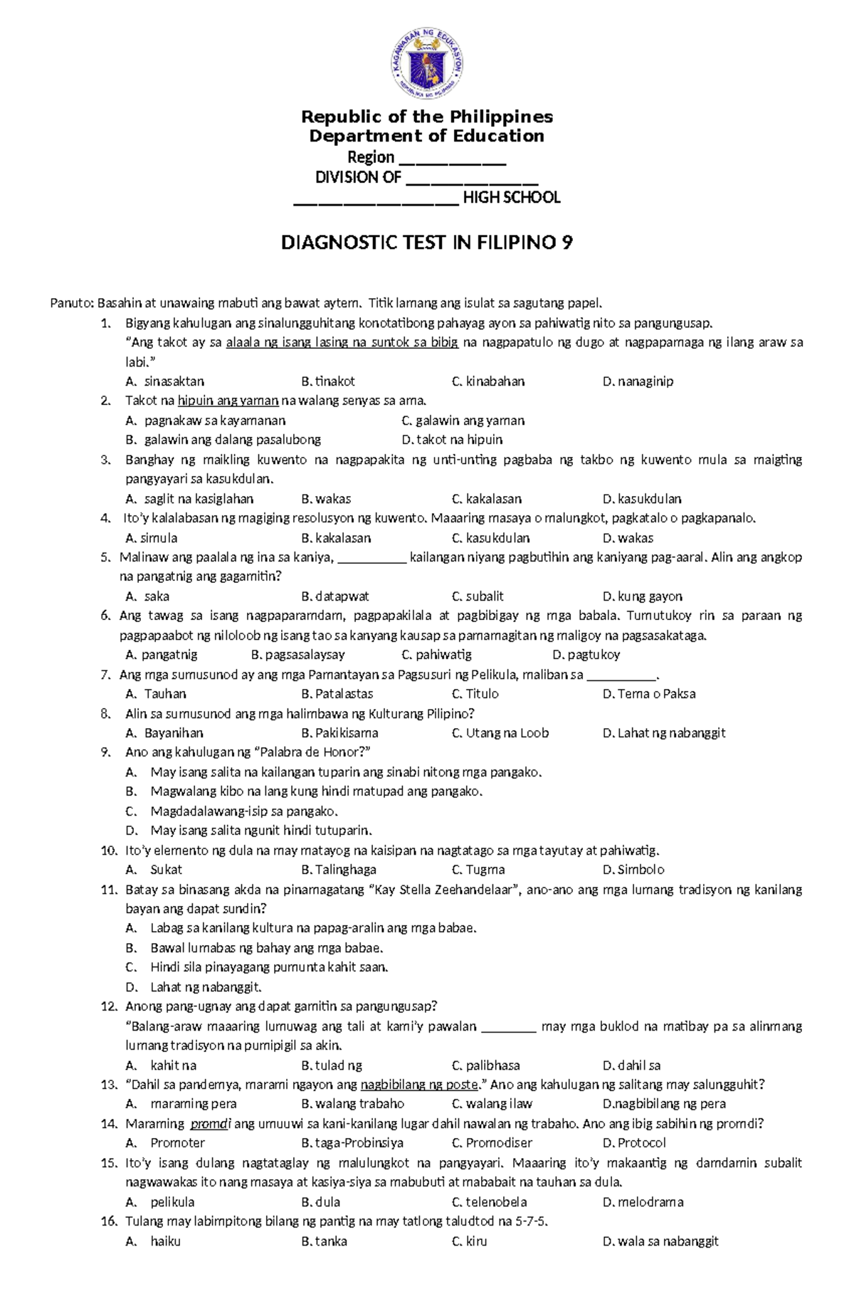 Diagnostic Test in Filipino 9: Comprehensive Review and Exercises - Studocu