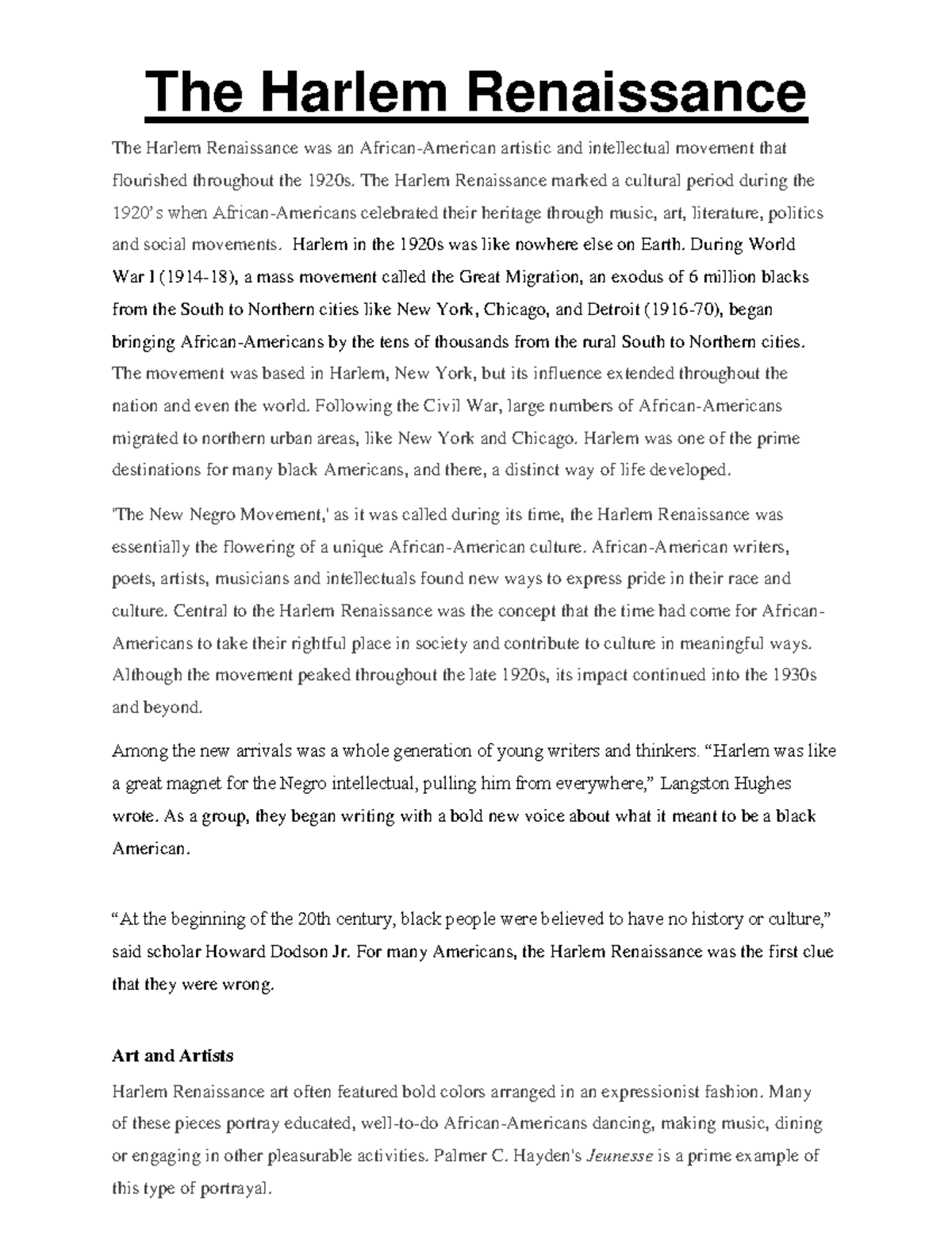 The Harlem Renaissance: Cultural Flourishing of the 1920s - Studocu