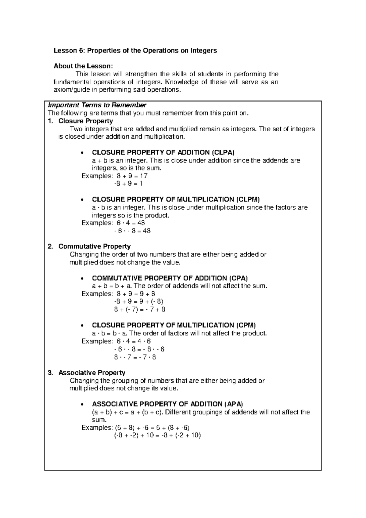 W4.1 Properties of the Operation on Integers - Lesson 6: Properties of ...