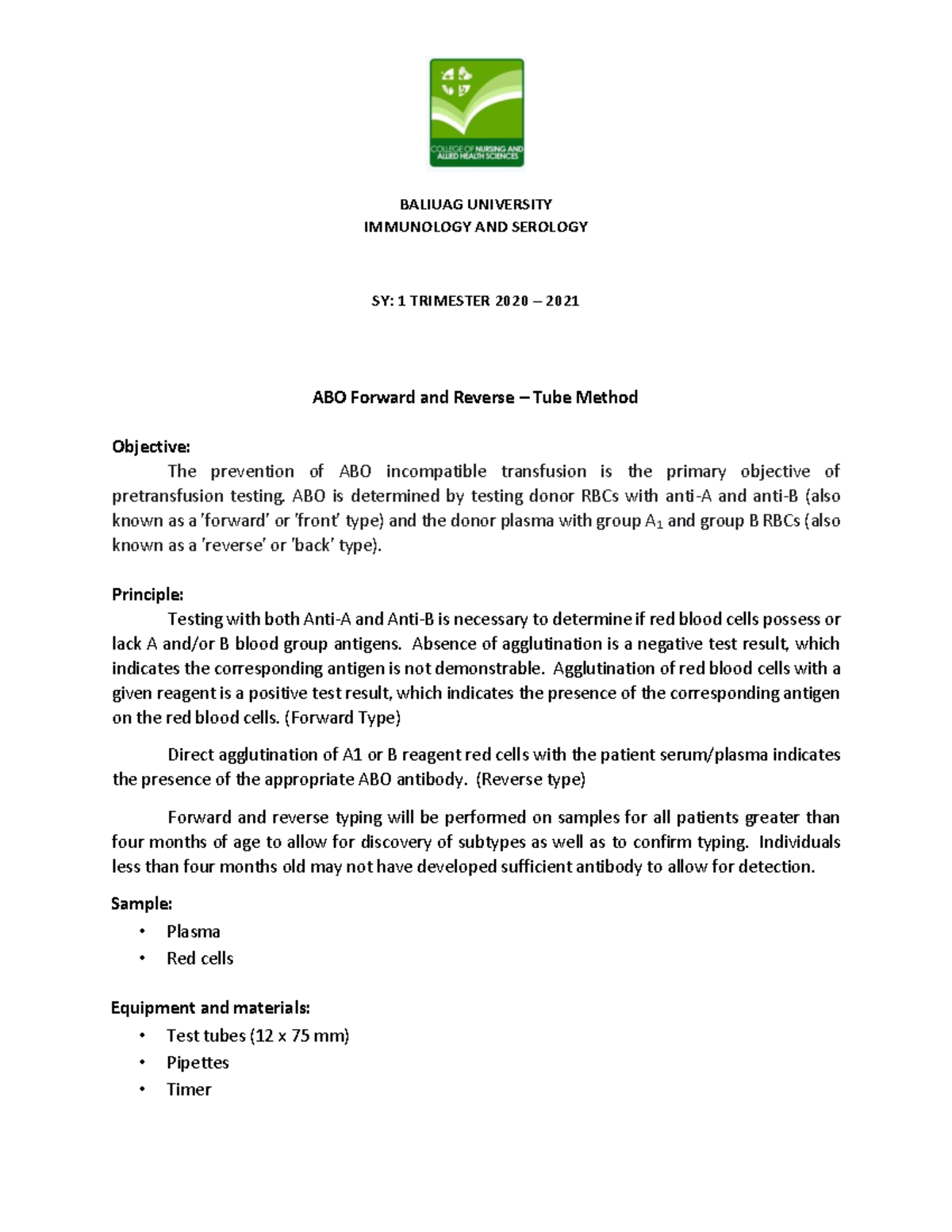 ABO Blood Typing: Forward & Reverse Tube Method Guide (SY 2020-2021 ...