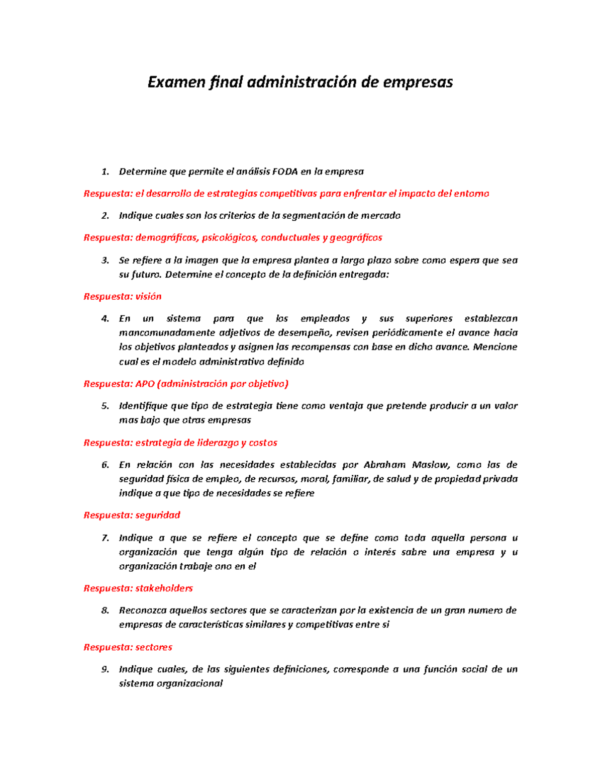 Examen Final - Administración de Empresas: Preguntas y Respuestas - Studocu