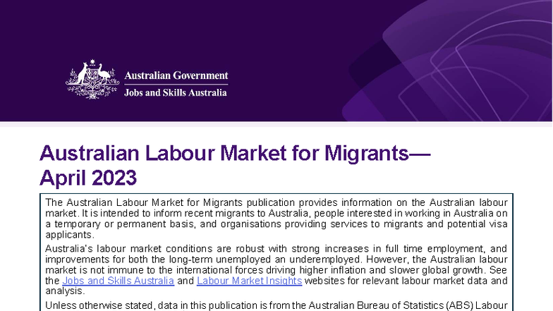 Australian Labour Market for Migrants - April 2023 Insights - Studocu