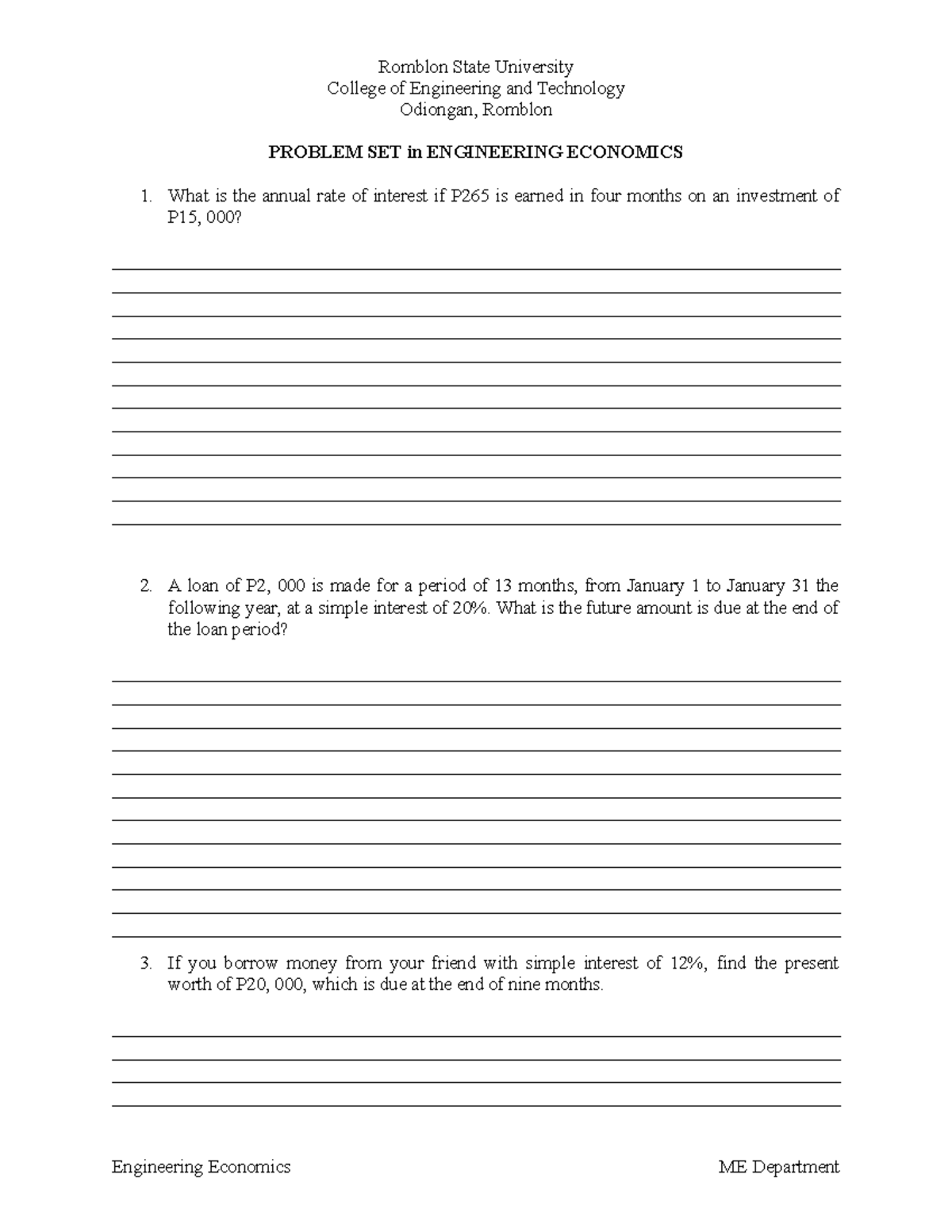 ENGR 101: Problem Set No. 1 in Engineering Economics - Studocu