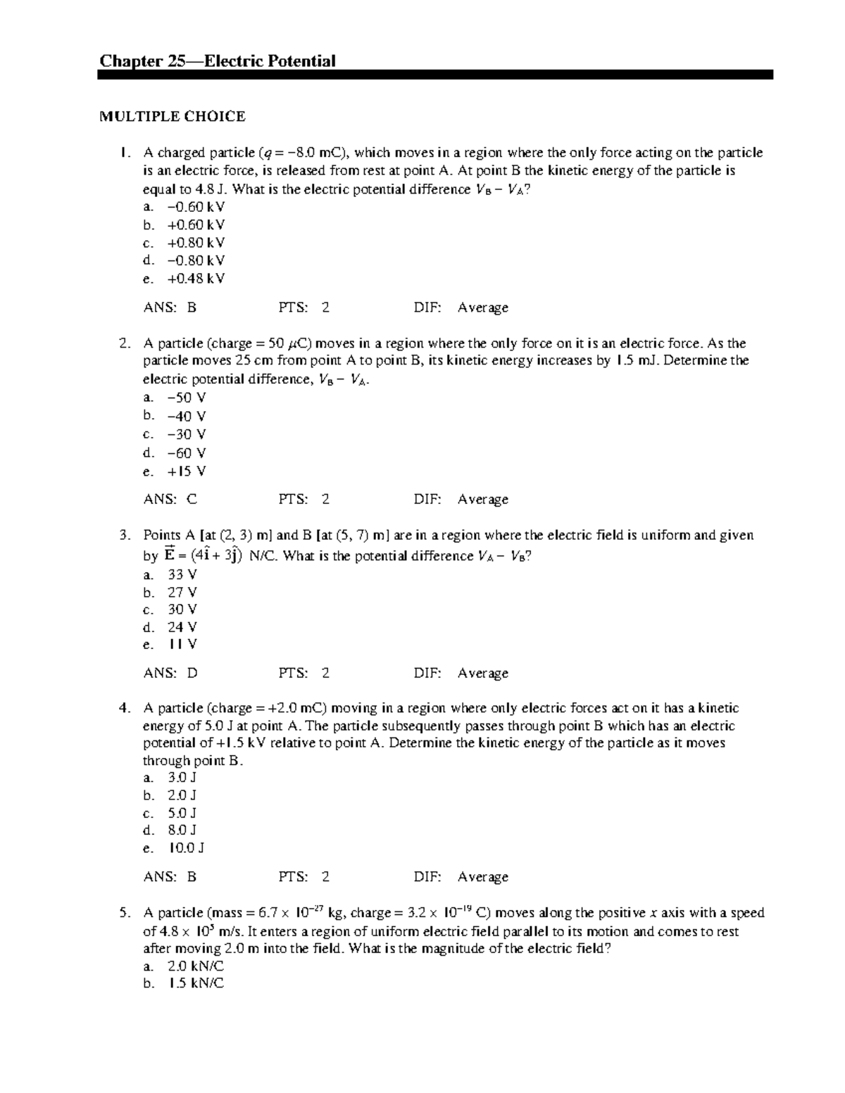 Ch 25 Electric Potential: Multiple Choice Questions (MCQs) - Studocu