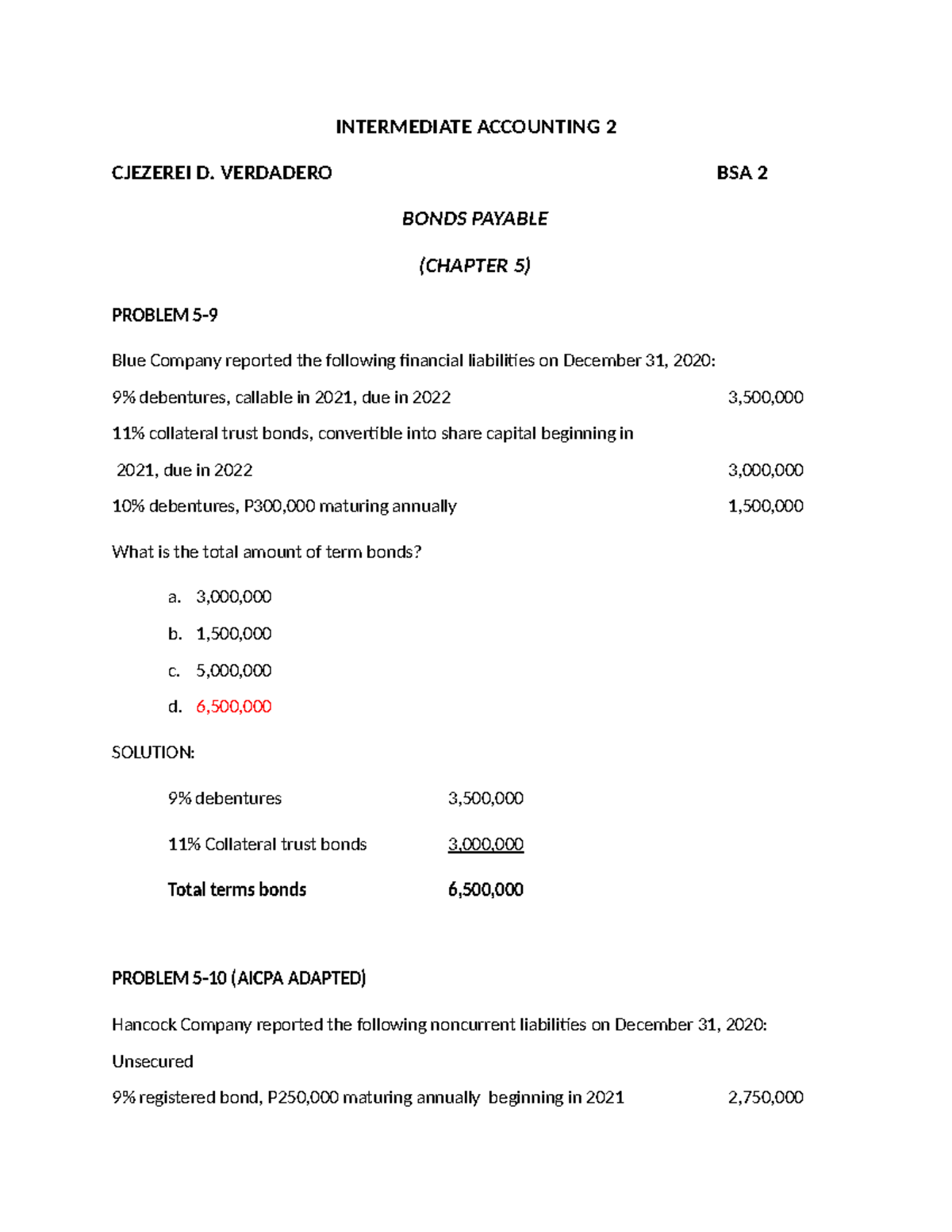 18.1 Verdadero Cjezerei Bonds Payable .docx - INTERMEDIATE ACCOUNTING 2 CJEZEREI D. VERDADERO ...