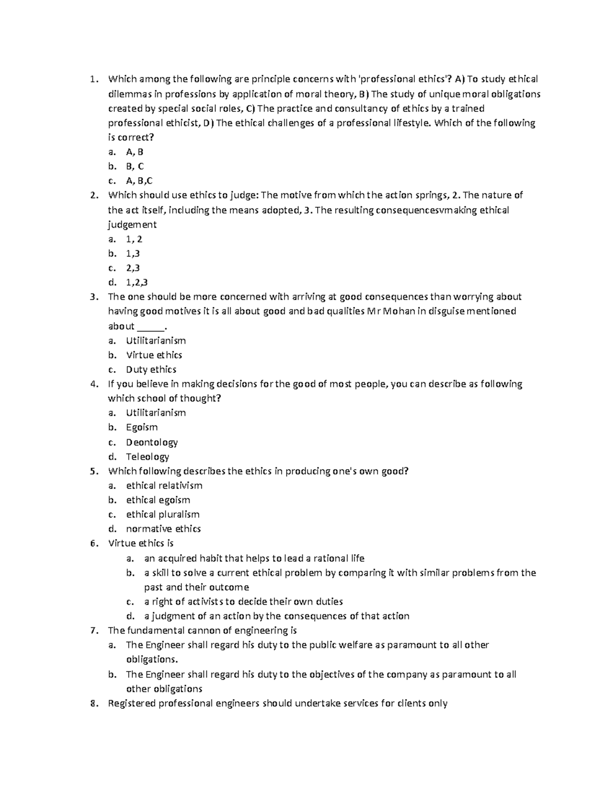 MOCK-TEST- Ethics - Which among the following are principle concerns ...