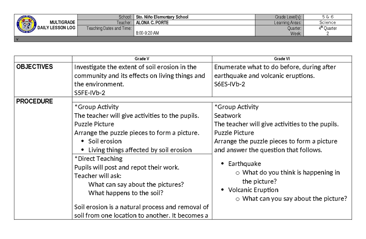 Multigrade Lesson Plan: Science 5 & 6 on Soil Erosion & Calamities ...