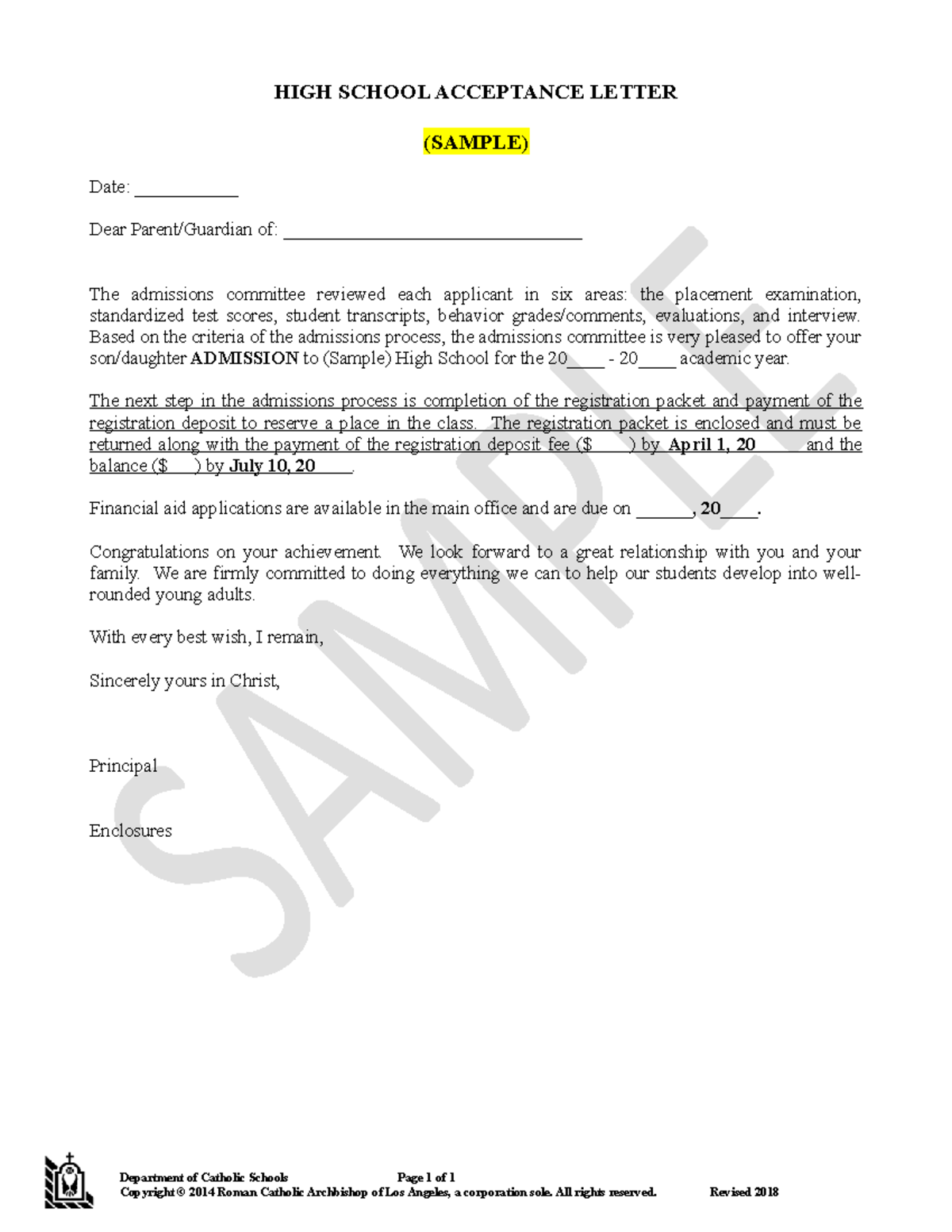 Sample School Acceptance Letter